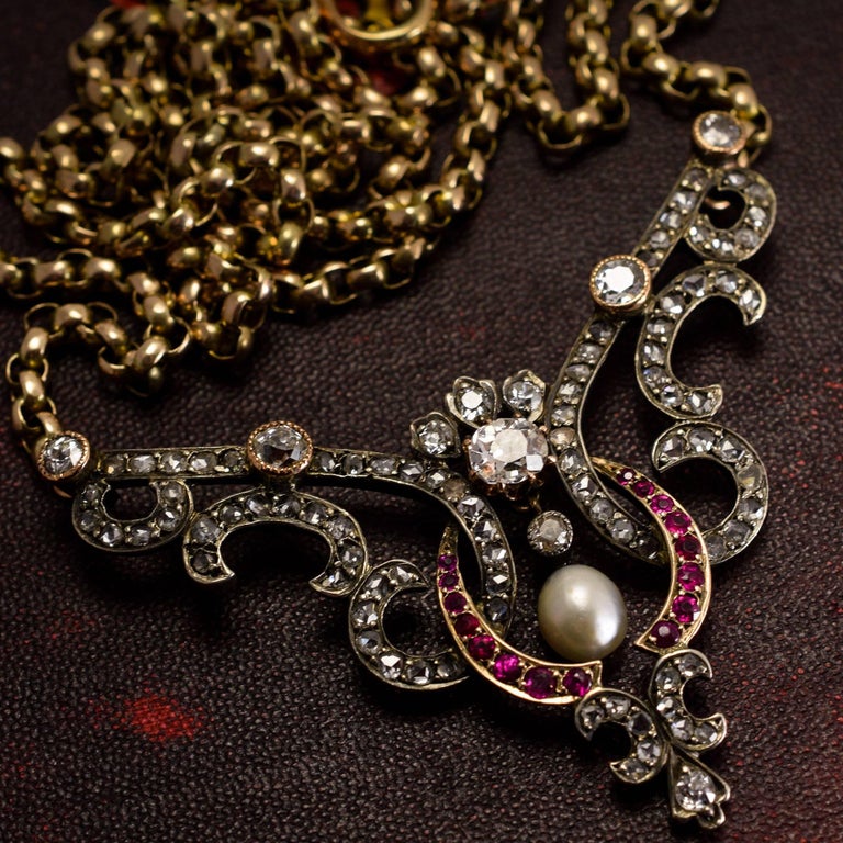 Late Victorian Diamond Ruby Pearl Necklace at 1stDibs