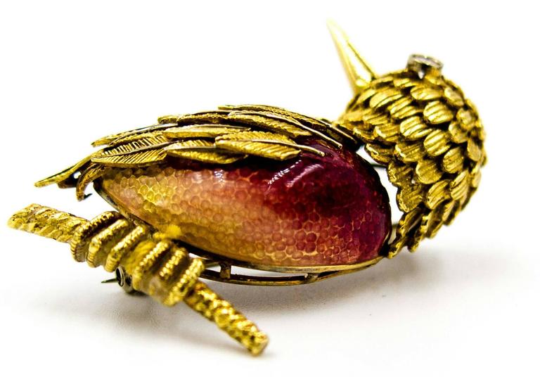 Refined and Detailed Ombre d'Enamel Diamond Gold Bird Pin For Sale at ...