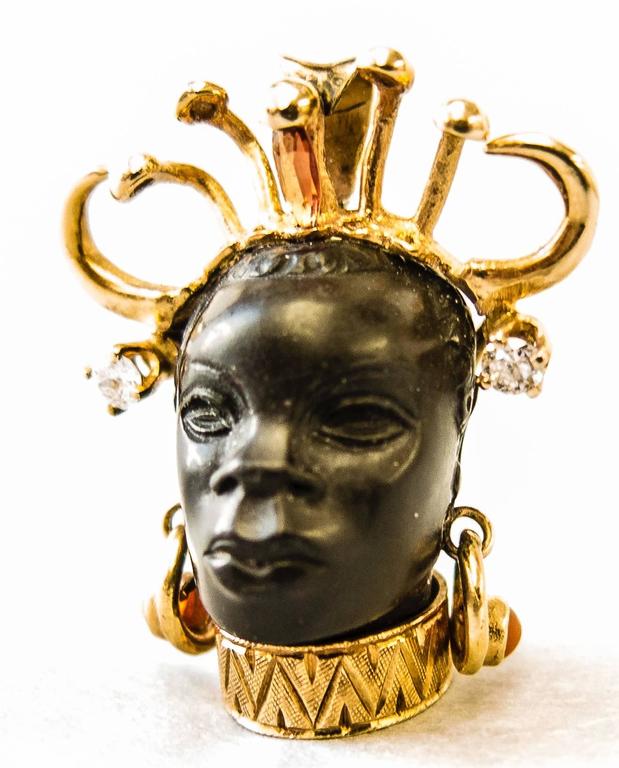 Elegant Black Agate Coral Diamond Gold Mount Nubian Head Pendant at 1stDibs