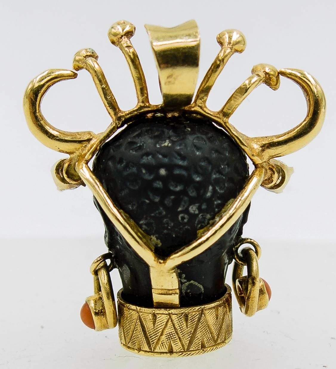 Elegant Black Agate Coral Diamond Gold Mount Nubian Head Pendant at 1stdibs