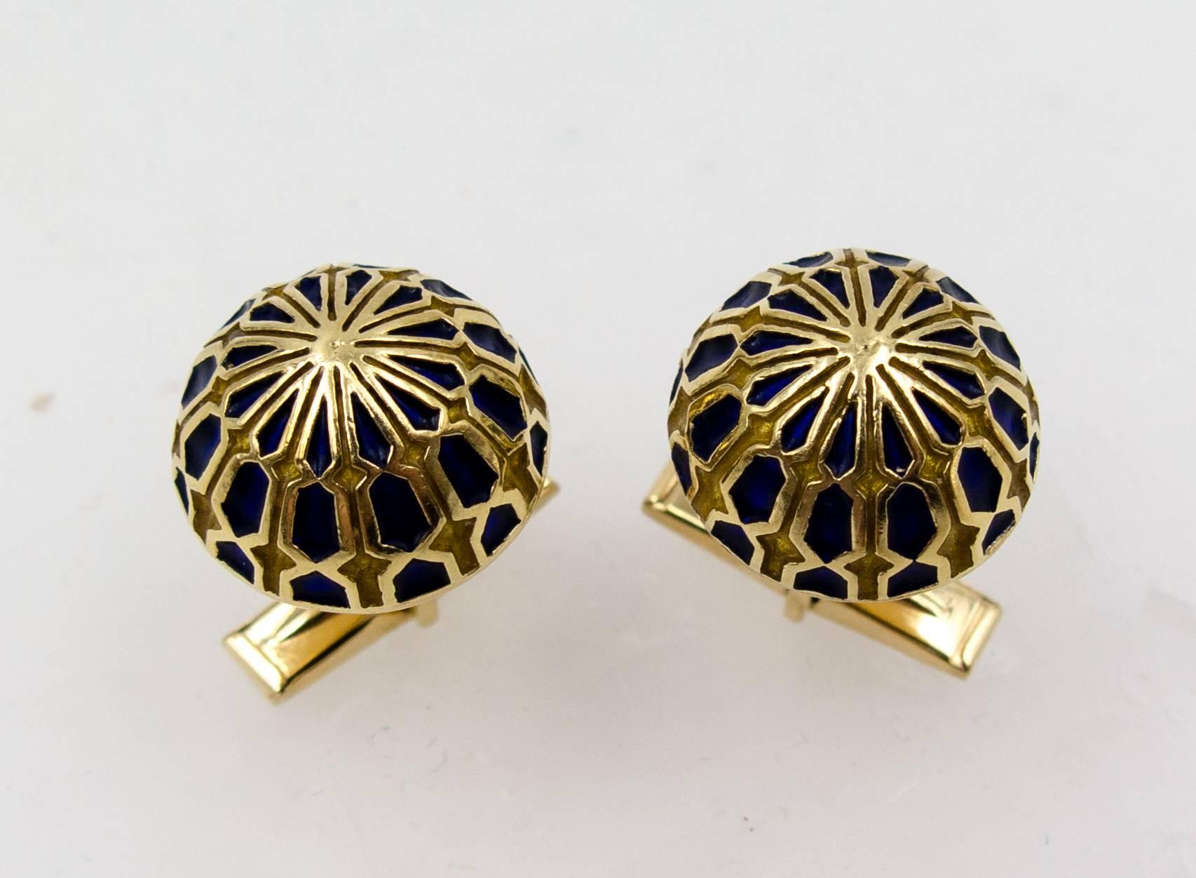 Midnight Blue Enamel Gold Domed Cufflinks at 1stDibs