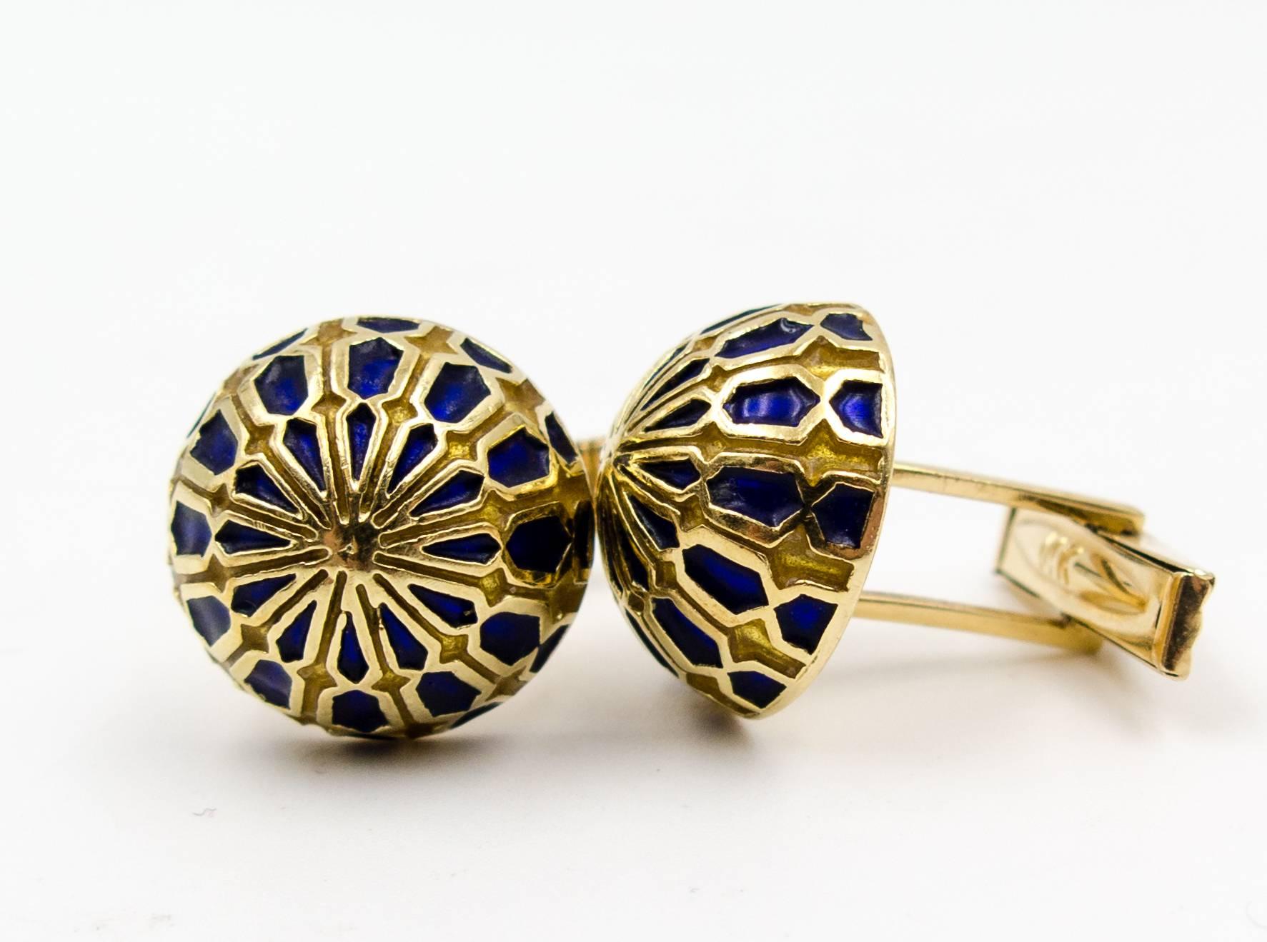 Midnight Blue Enamel Gold Domed Cufflinks at 1stDibs