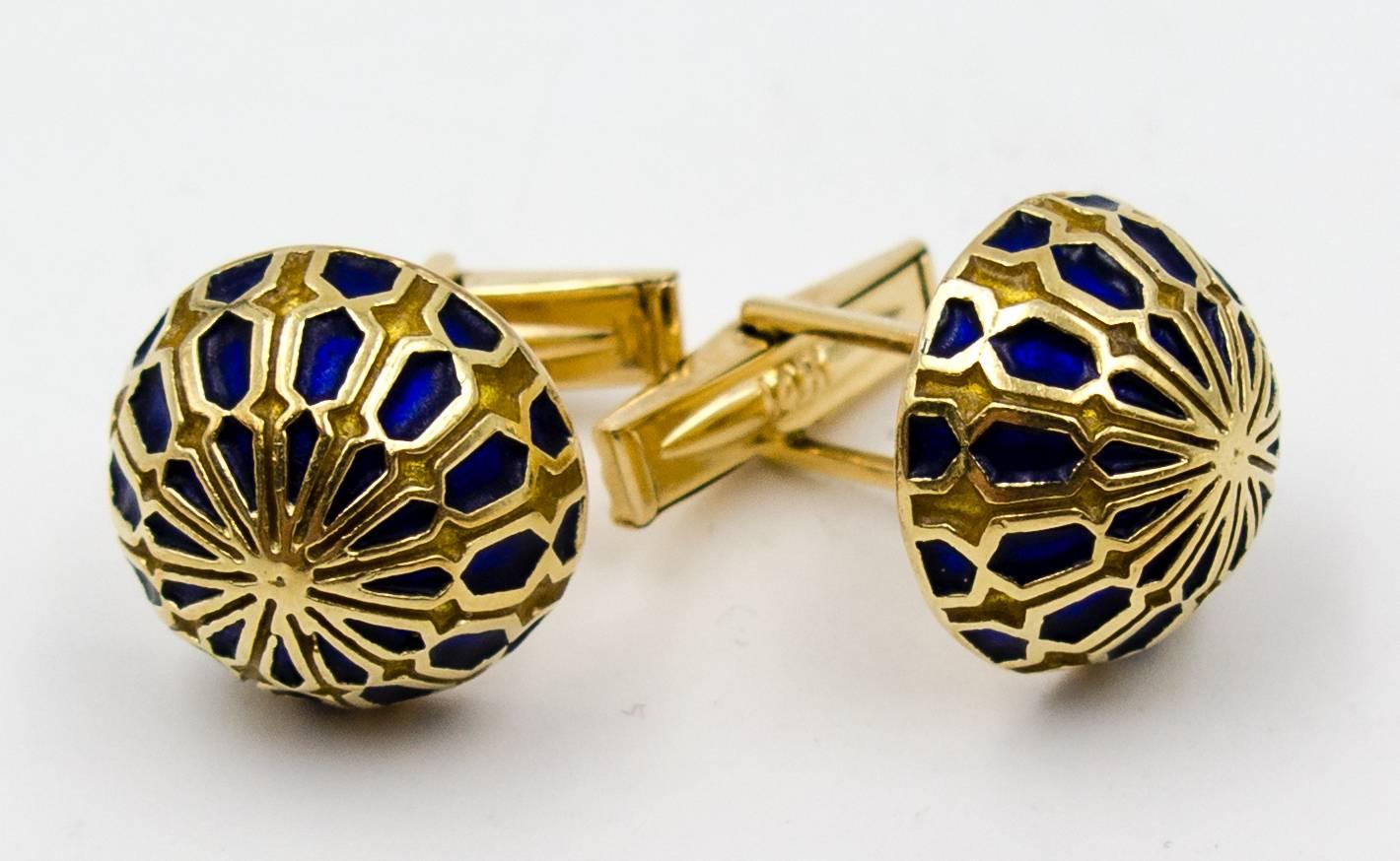 Midnight Blue Enamel Gold Domed Cufflinks at 1stDibs