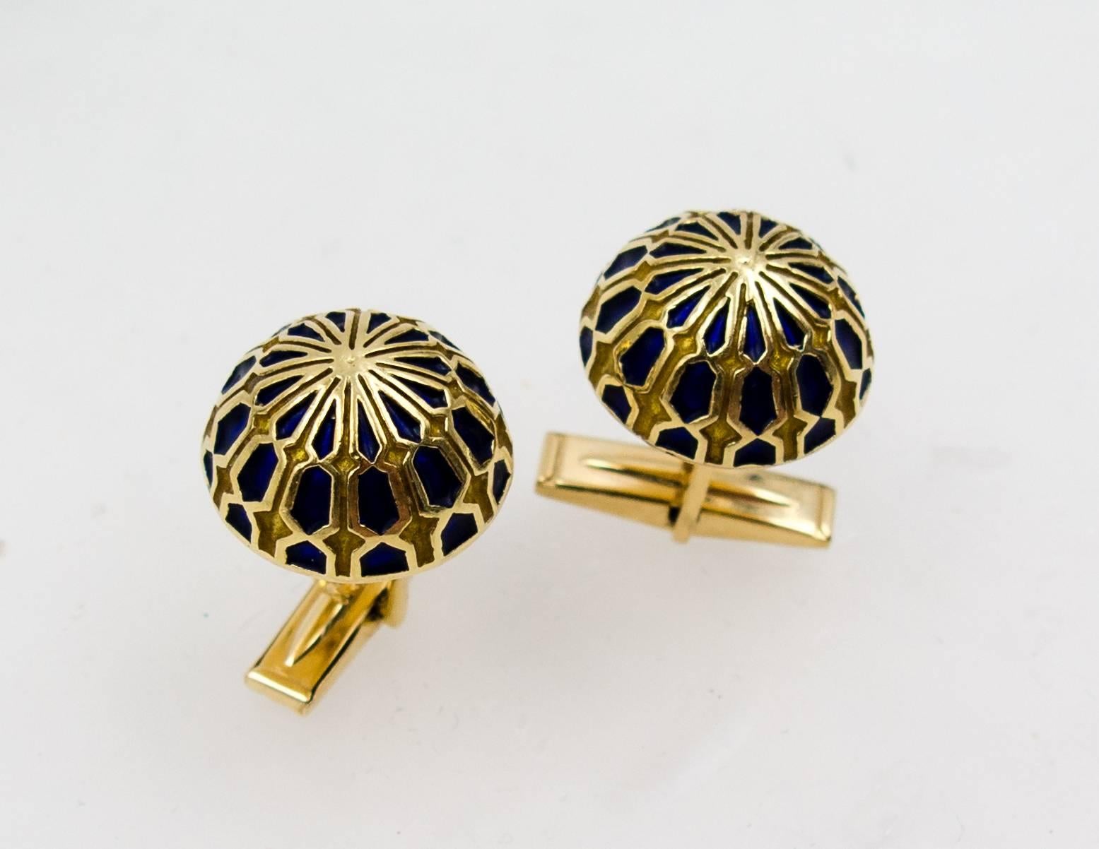 Midnight Blue Enamel Gold Domed Cufflinks at 1stDibs