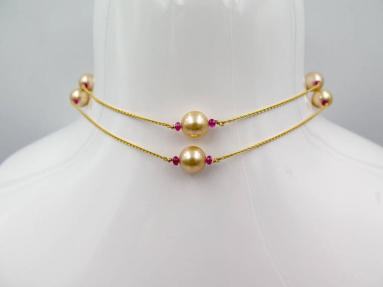Sensuous Golden Pearl Ruby Yellow Gold Long Chain For Sale at 1stDibs
