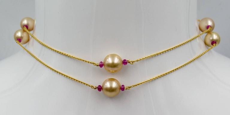 Sensuous Golden Pearl Ruby Yellow Gold Long Chain For Sale at 1stDibs