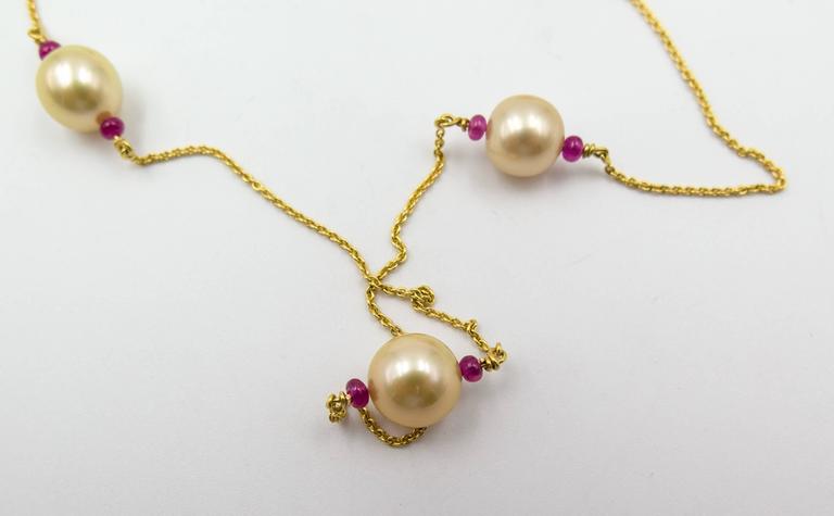 Sensuous Golden Pearl Ruby Yellow Gold Long Chain For Sale at 1stDibs