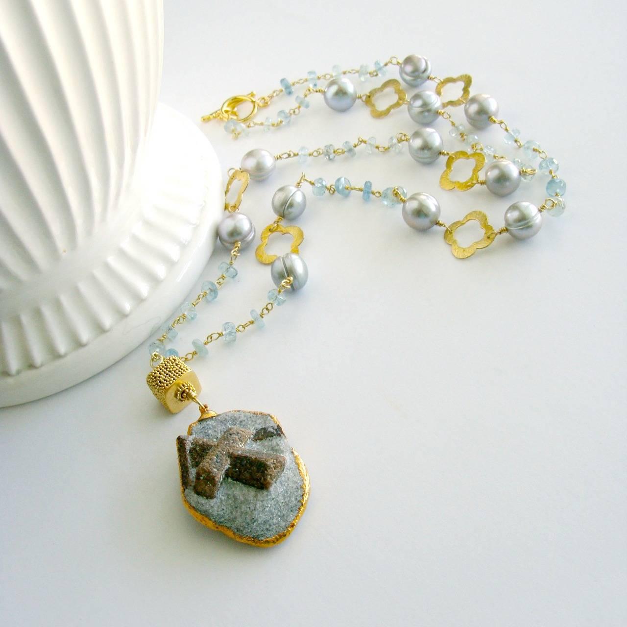 Staurolite Crystals Aquamarine Freshwater Pearls Quatrefoils Necklace ...