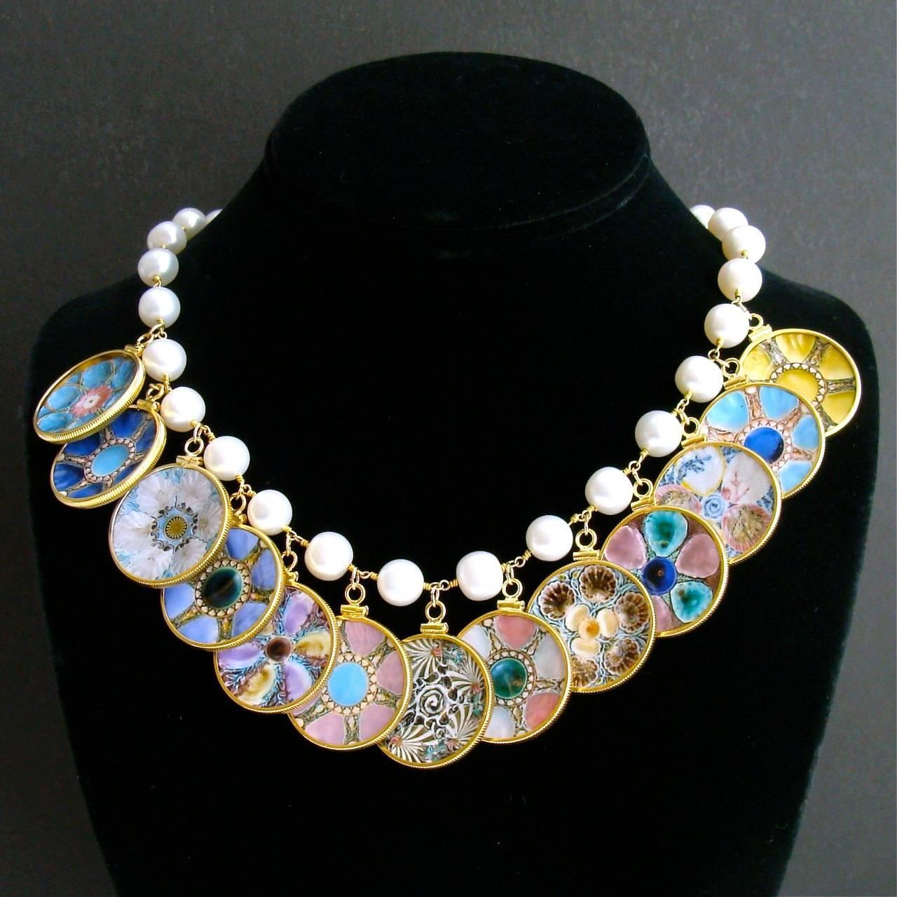 Baroque Pearl Miniature Majolica Oyster Plates Charm Necklace at 1stdibs
