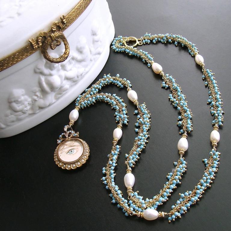 Lover’s Eye Victorian Locket Turquoise Pearls Gold Necklace at 1stDibs
