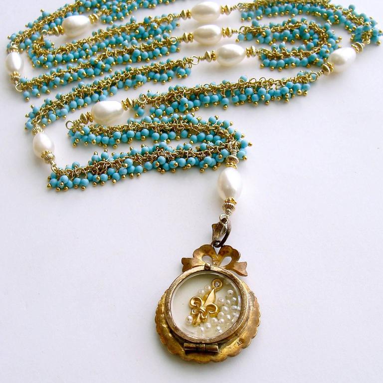 Lover’s Eye Victorian Locket Turquoise Pearls Gold Necklace at 1stDibs