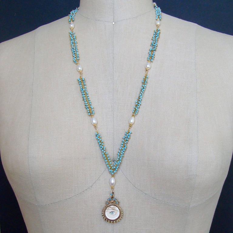 Lover’s Eye Victorian Locket Turquoise Pearls Gold Necklace at 1stDibs
