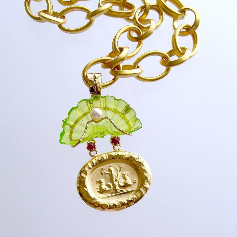 Intaglio Peridot Green Venetian Glass Shell Rubies Pearls Pendant ...