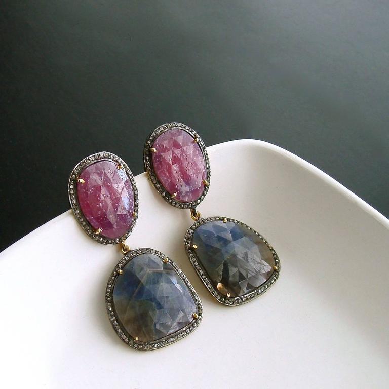 Raspberry Pink Denim Blue Sapphire Slices Diamond Earrings at 1stDibs