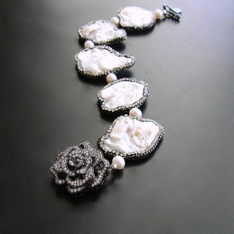 Pave Crystal Flower Clasp Baroque Pearl Bracelet at 1stDibs