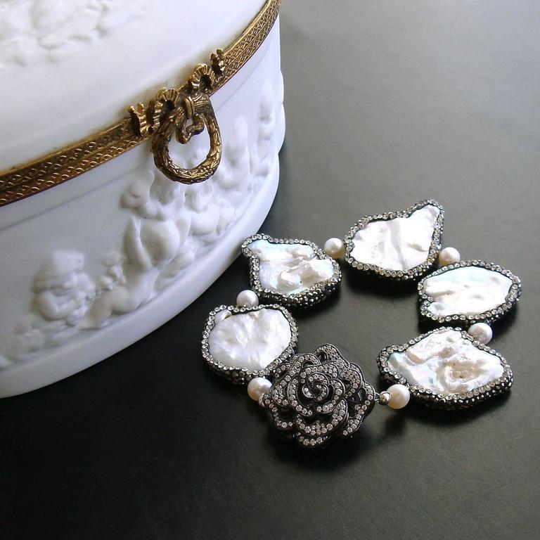 Pave Crystal Flower Clasp Baroque Pearl Bracelet at 1stDibs