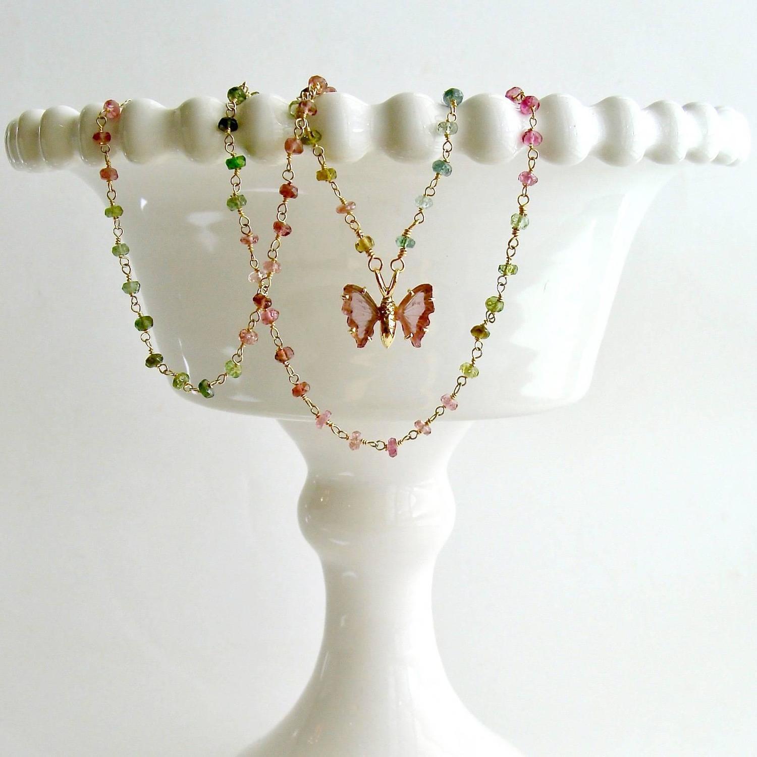 Gold Pink Watermelon Tourmaline Butterfly Necklace For Sale at 1stdibs