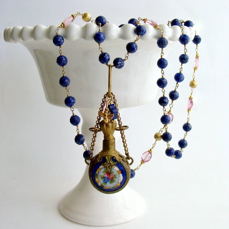 Lapis Pink Quartz Porcelain Chatelaine Scent Bottle Necklace at 1stdibs