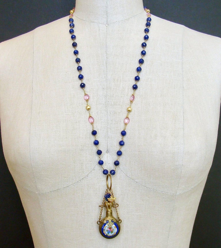 Lapis Pink Quartz Porcelain Chatelaine Scent Bottle Necklace at 1stdibs