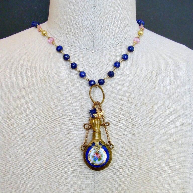 Lapis Pink Quartz Porcelain Chatelaine Scent Bottle Necklace at 1stdibs