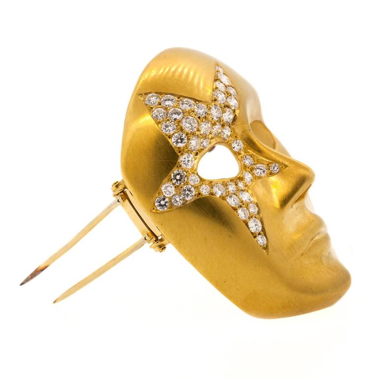 Diamond Gold Mask Brooch at 1stDibs