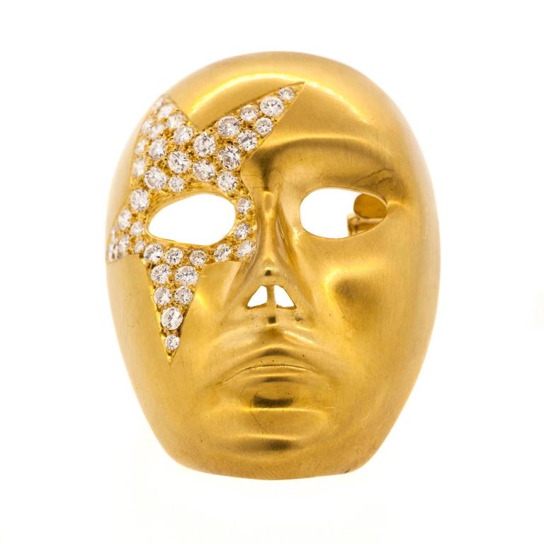 Diamond Gold Mask Brooch at 1stDibs