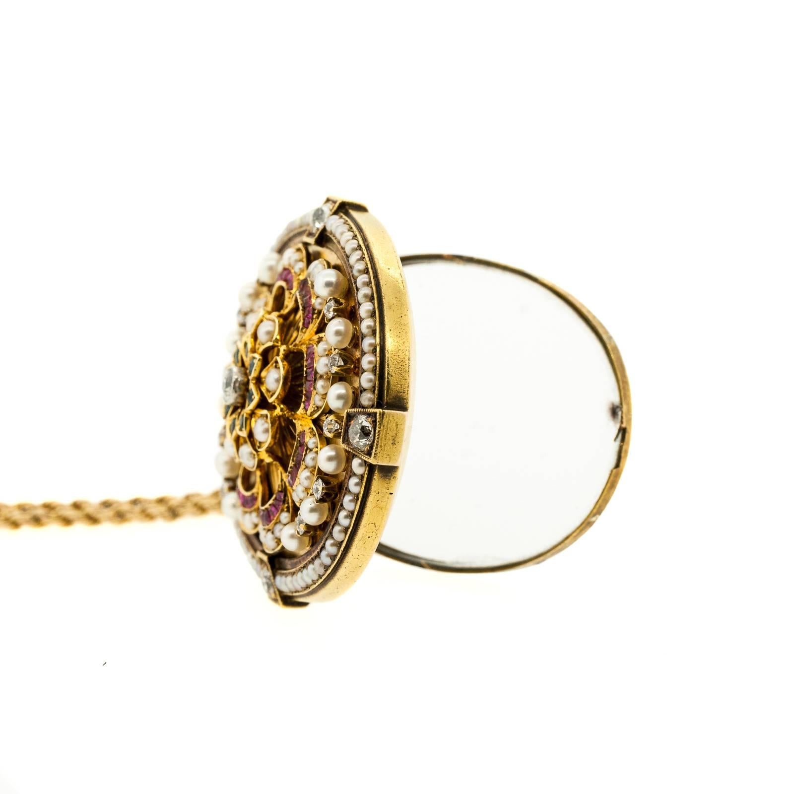 1870 Victorian Natural Pearl Ruby Emerald Old Cut Diamond gold Locket ...