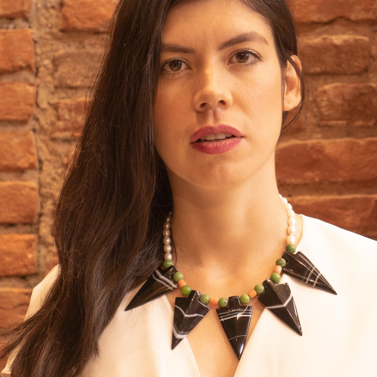 Striated Black Agate Arrow Freshwater Pearl Jade Tribal Warrior Bold ...