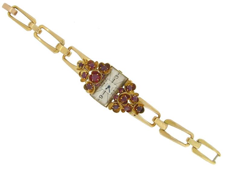 Cartier Ladies Yellow Gold Ruby Set Wristwatch For Sale at 1stdibs
