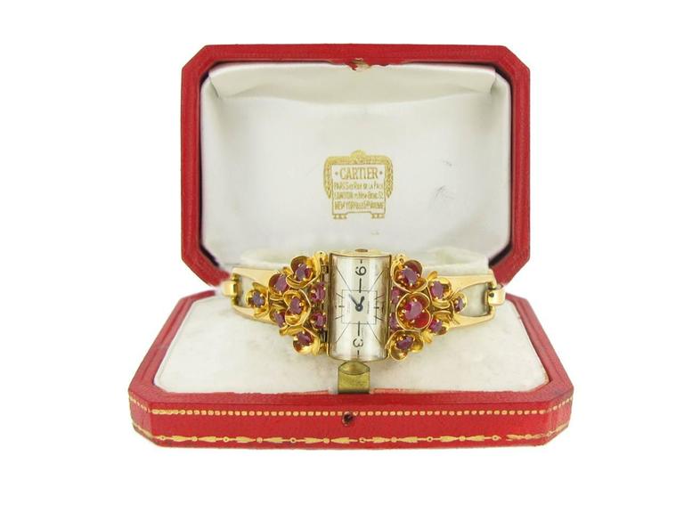 Cartier Ladies Yellow Gold Ruby Set Wristwatch For Sale at 1stdibs
