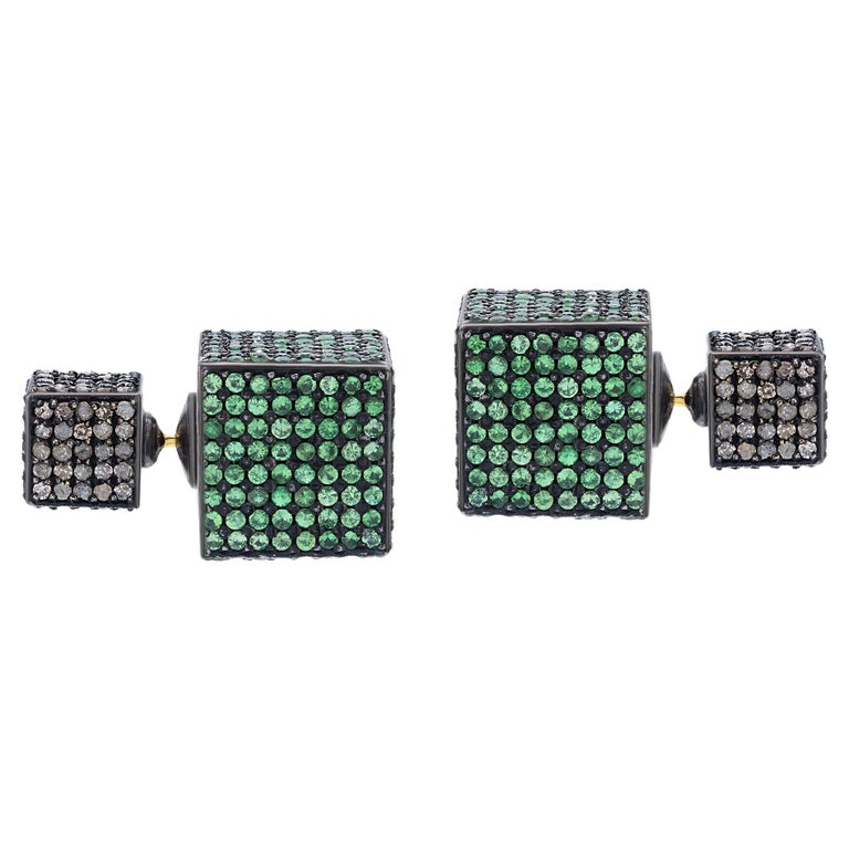 Gemistry Victorian 10.55 Ct. T.W. Diamond and Tsavorite Cube Stud Earrings For Sale at 1stDibs