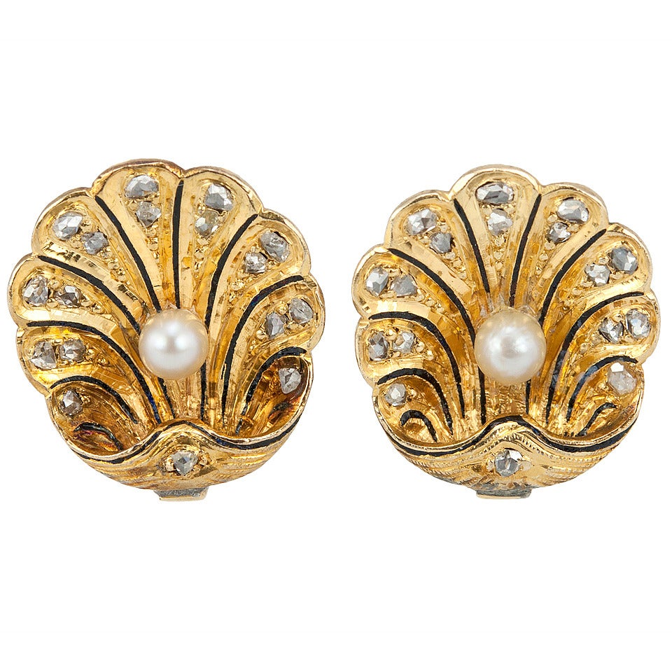 Victorian Gold Shell Earrings with Rose Cut Diamonds For Sale at 1stDibs