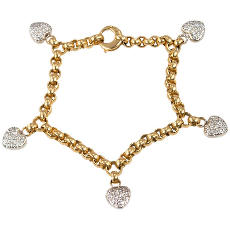 Diamond Heart Charm Gold Link Bracelet at 1stDibs