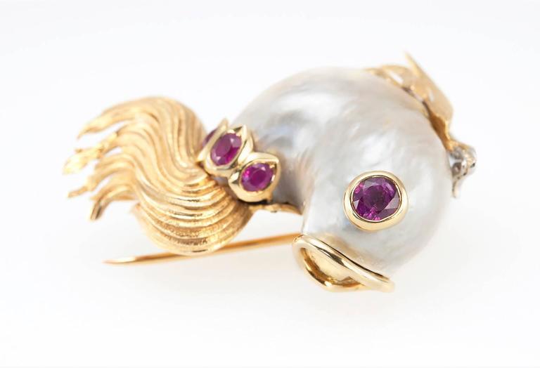 Cartier Pearl Ruby Gold Fish Brooch at 1stDibs