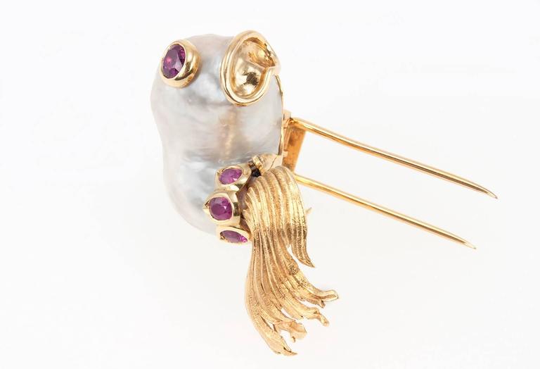 Cartier Pearl Ruby Gold Fish Brooch at 1stDibs