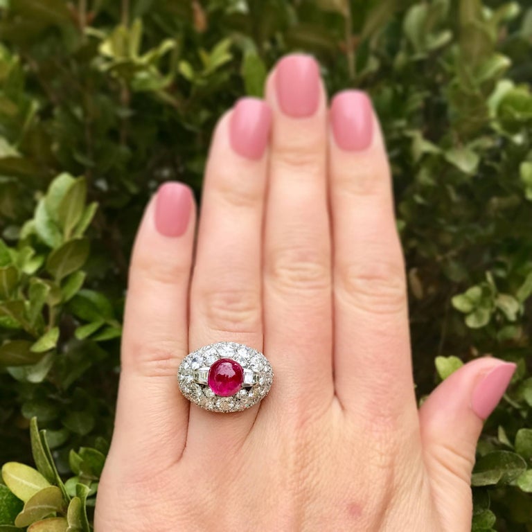 Vintage Diamond Cluster and Ruby Dome Platinum Ring For Sale at 1stDibs