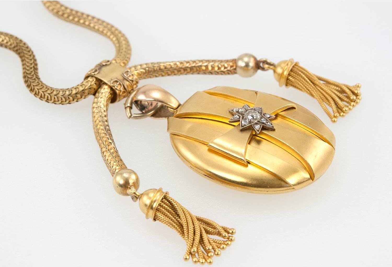 1890s Victorian Gold Tassel Necklace with Diamond Gold Locket at 1stdibs