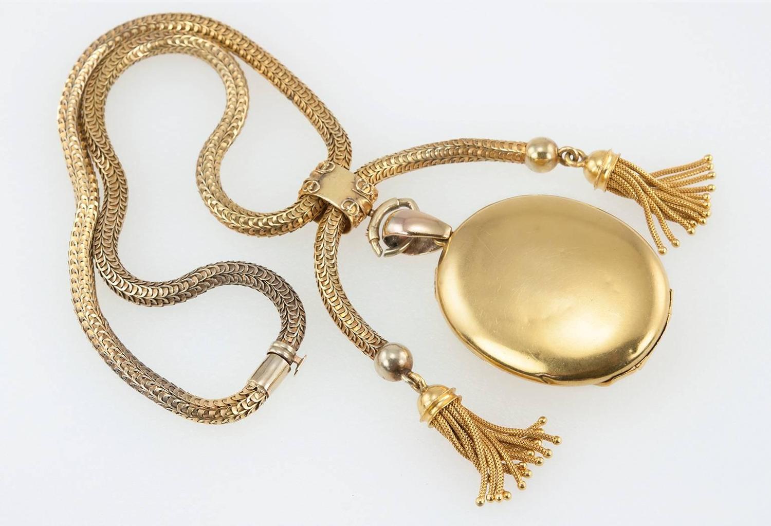 1890s Victorian Gold Tassel Necklace with Diamond Gold Locket at 1stdibs