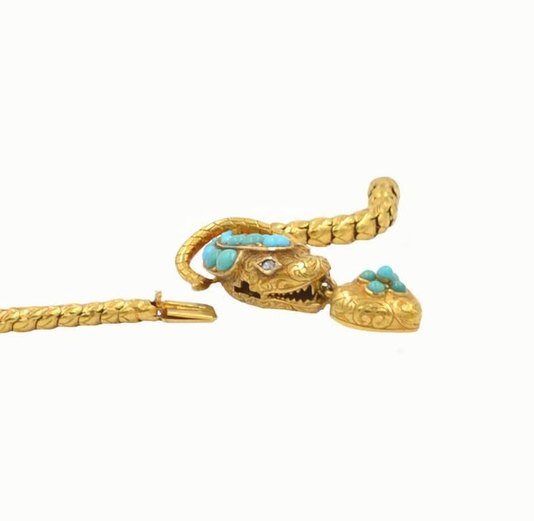 Victorian 18 Karat Yellow Gold and Turquoise Snake Locket Necklace ...