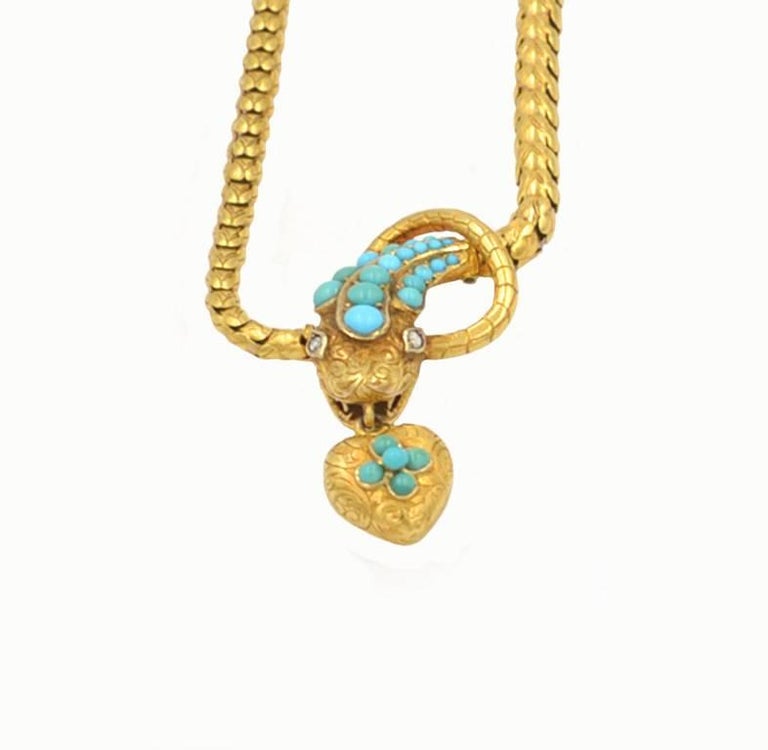 Victorian 18 Karat Yellow Gold and Turquoise Snake Locket Necklace ...