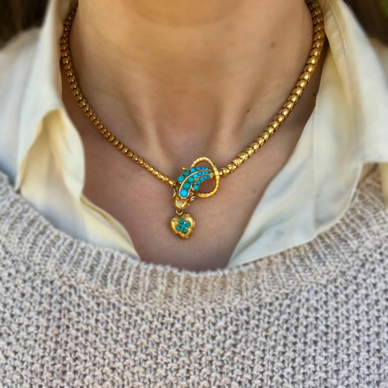 Victorian 18 Karat Yellow Gold and Turquoise Snake Locket Necklace ...