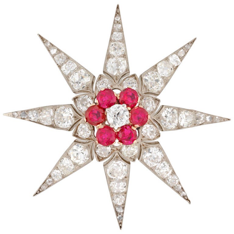 Victorian Ruby Diamond Star Brooch at 1stDibs