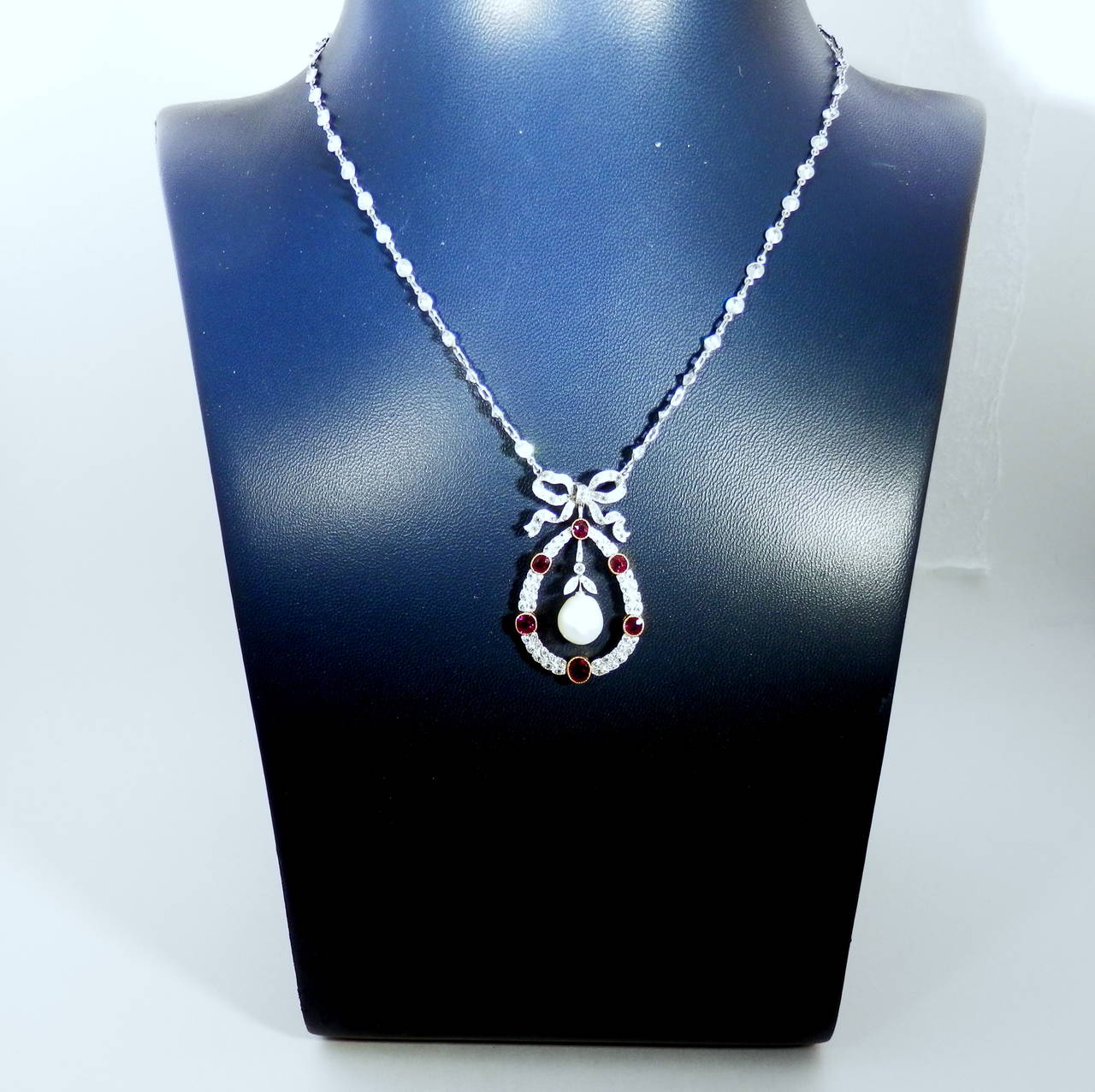 Edwardian Natural Pearl Ruby Diamond Platinum Pendant For Sale at 1stDibs