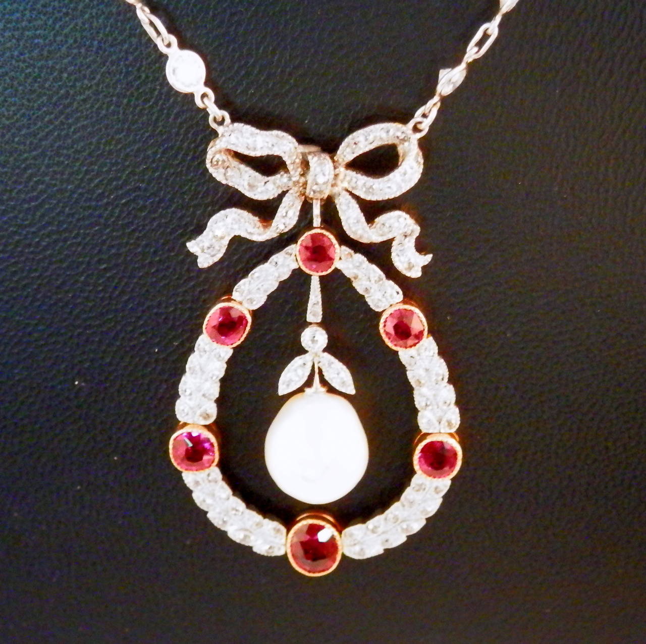 Edwardian Natural Pearl Ruby Diamond Platinum Pendant For Sale at 1stDibs
