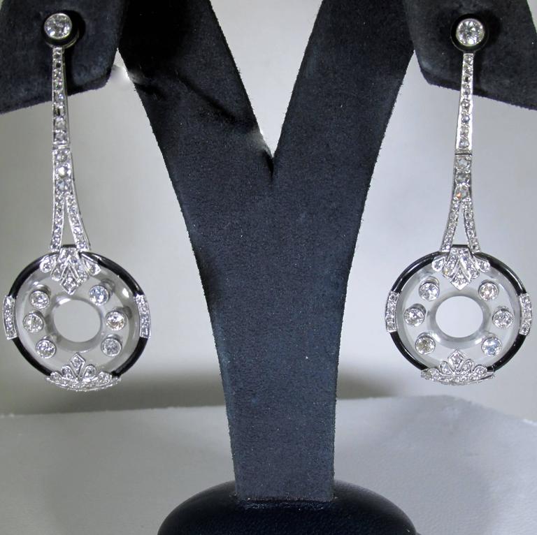 frosted rock crystal black enamel diamond Platinum earrings For Sale at ...