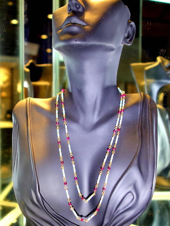 Blue Enamel Ruby Gold Long Chain Necklace For Sale at 1stDibs