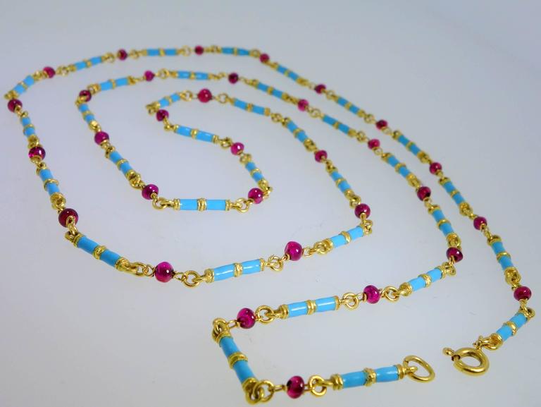 Blue Enamel Ruby Gold Long Chain Necklace For Sale at 1stDibs