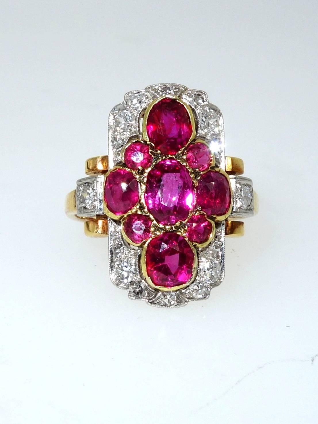 1900 Antique Burma Ruby Diamond Gold Platinum Ring For Sale at 1stdibs