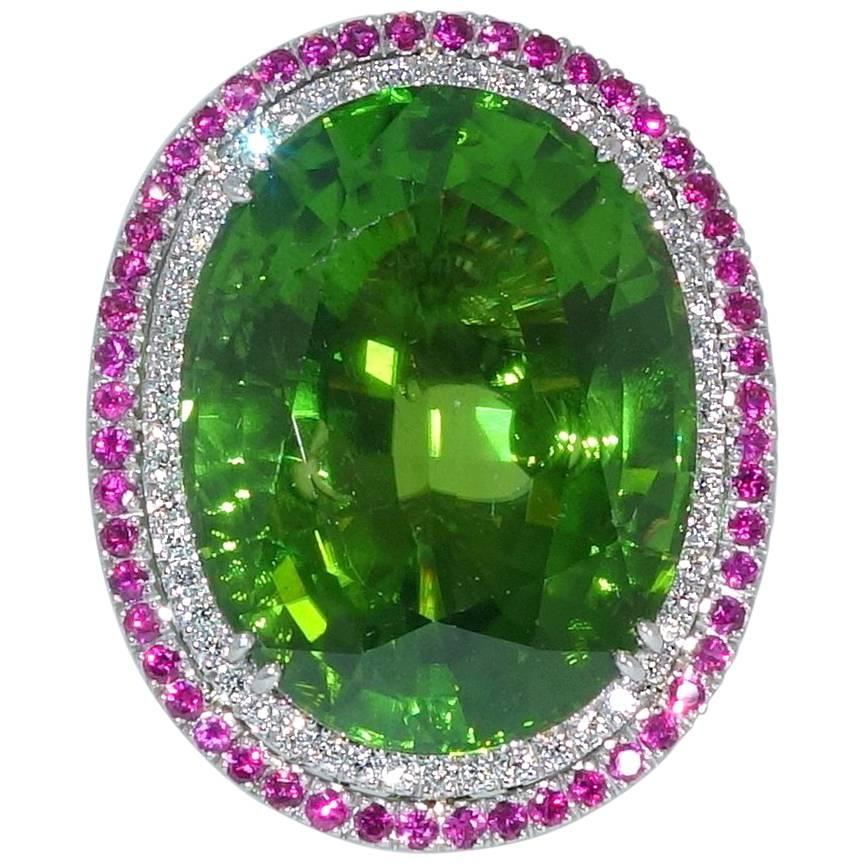 Peridot, Ruby and Diamond Handmade Platinum Ring For Sale at 1stDibs