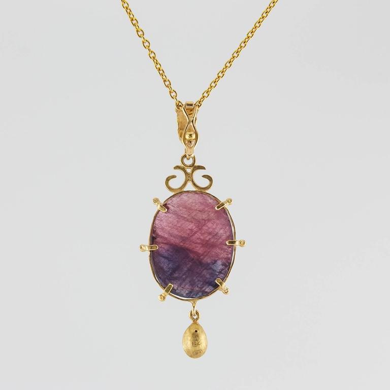 Irregular Shaped Purple Sunset Sapphire Hammered Gold Pendant For Sale ...
